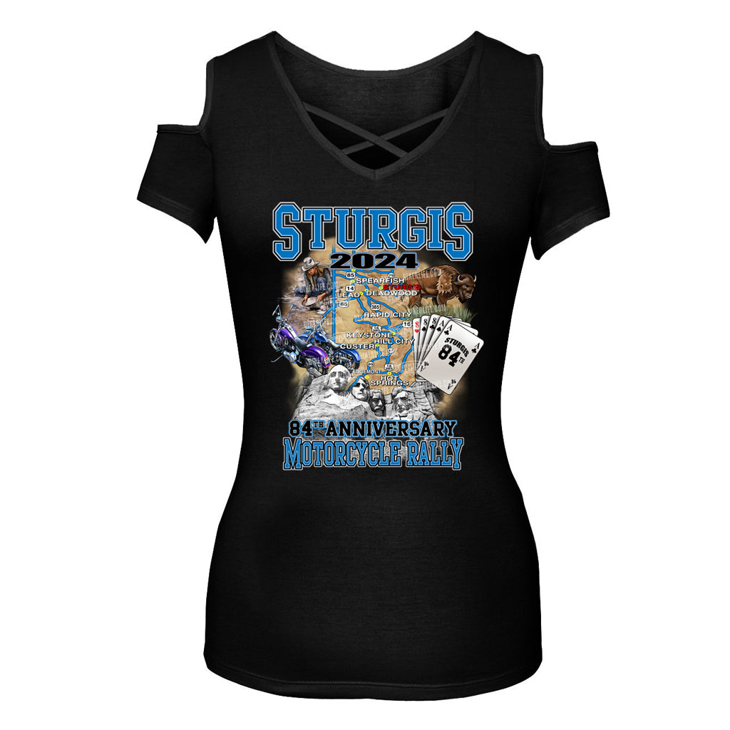 Ladies 2024 Sturgis Motorcycle Rally Black Hills Map Cut Shoulder Chest ...