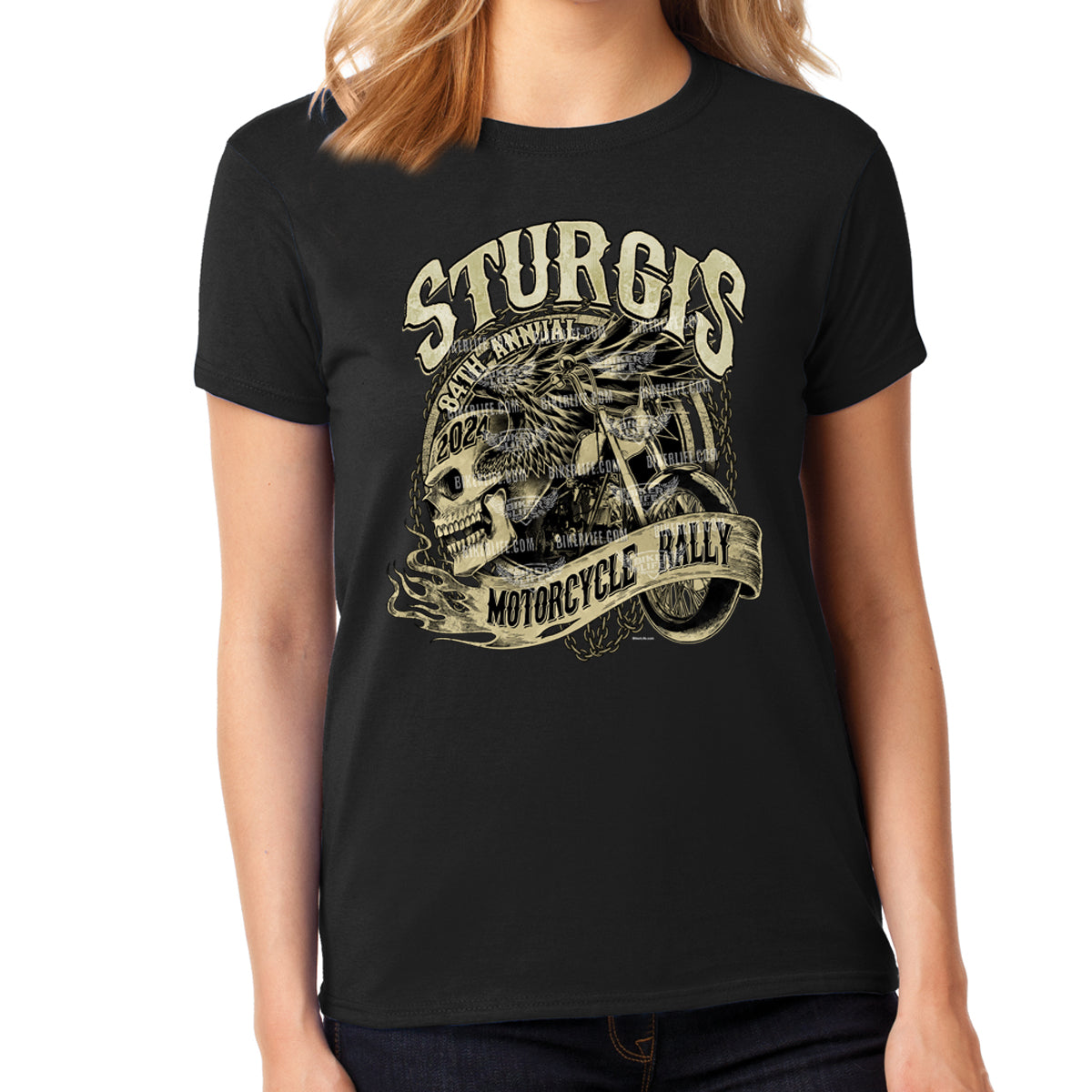 Ladies Missy Cut 2024 Sturgis Motorcycle Rally Grunge & Chains Skull W ...