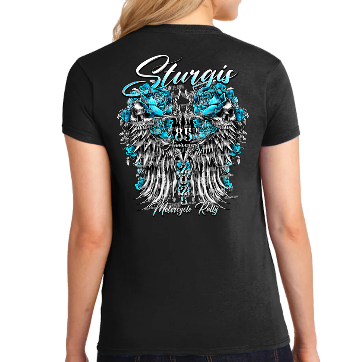 T-Shirt Ladies Missy Cut 2025 Sturgis Motorcycle Rally Rose Skull Wing ...