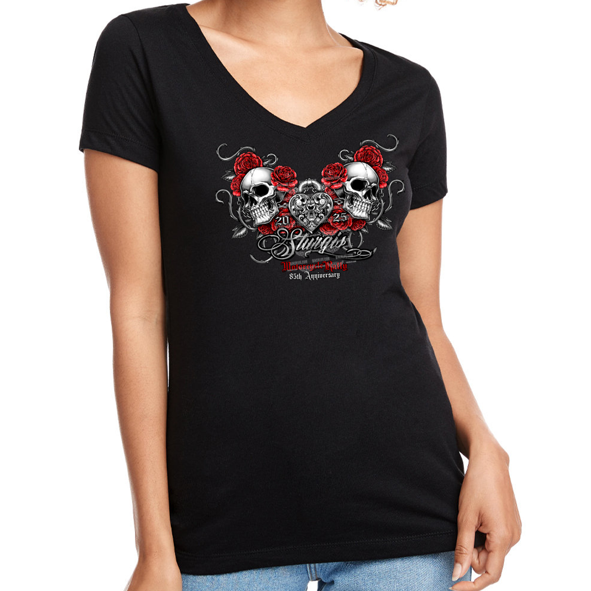 V-Neck Shirt Ladies Jr. Cut 2025 Sturgis Motorcycle Rally Heart Locket ...