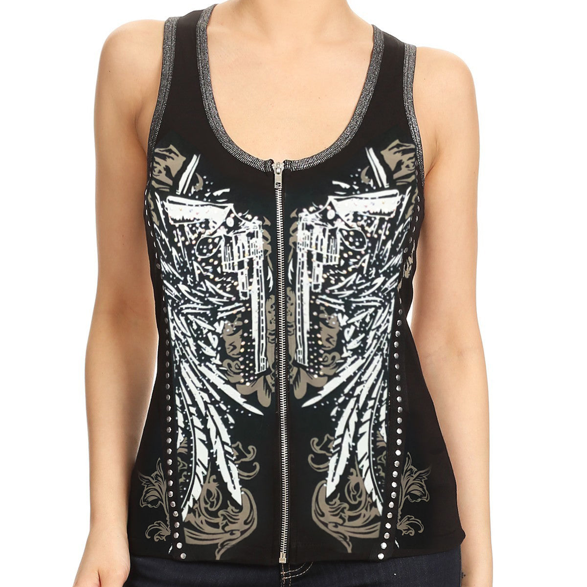 Ladies Rhinestone Guns Zip Up Tank Top – BIKER LIFE CLOTHING