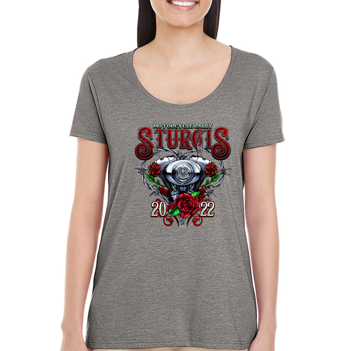 Ladies 2022 Sturgis Motorcycle Rally Engine Heart Scoop Neck Shirt ...